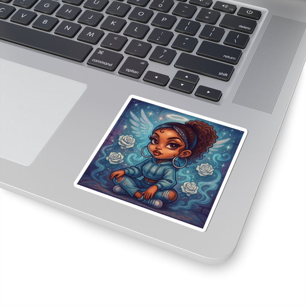 Angel Girl Vinyl Sticker - Cute Urban Angel Illustration, Floral Halo ...